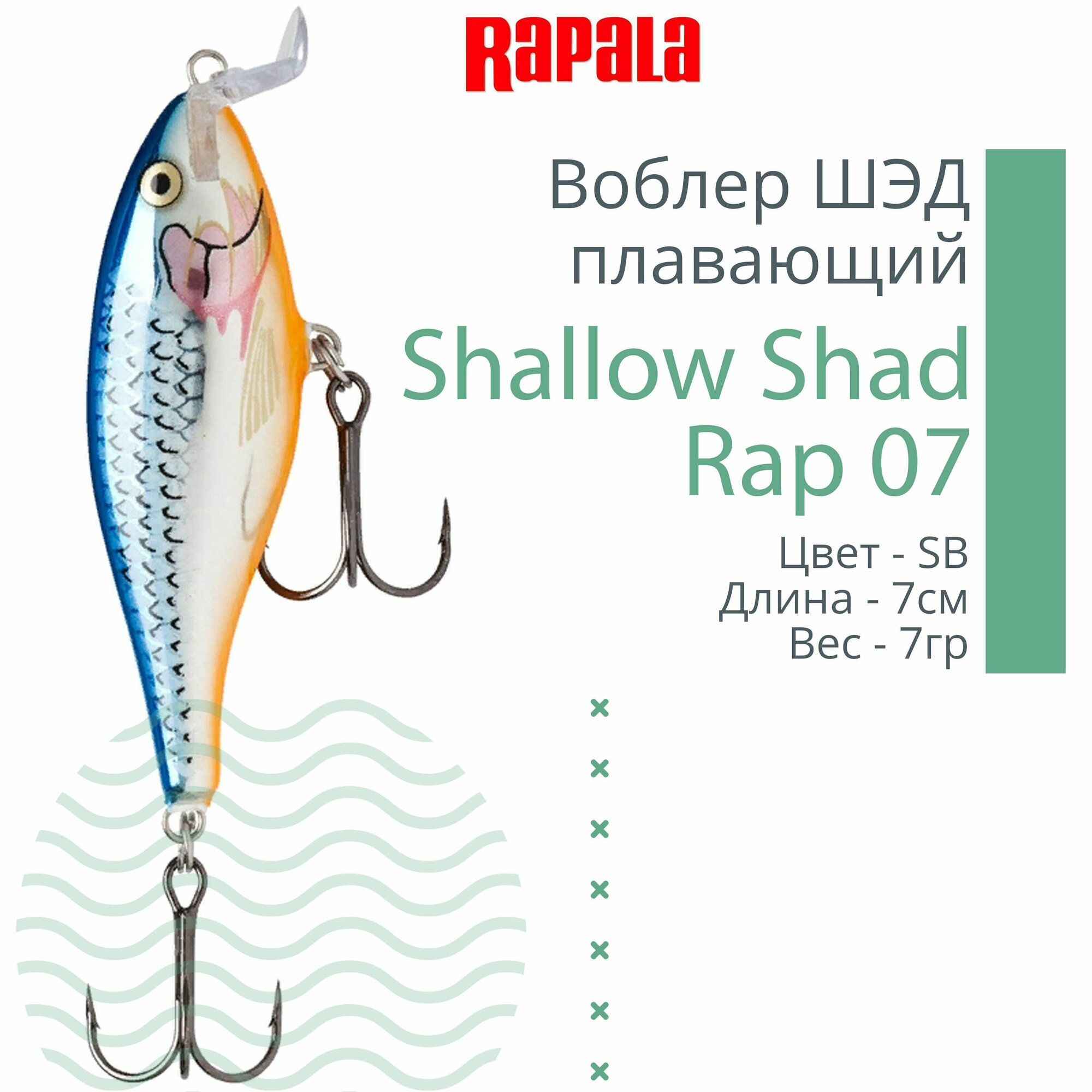 Воблер для рыбалки RAPALA Shallow Shad Rap 07, 7см, 7гр, цвет SB, плавающий