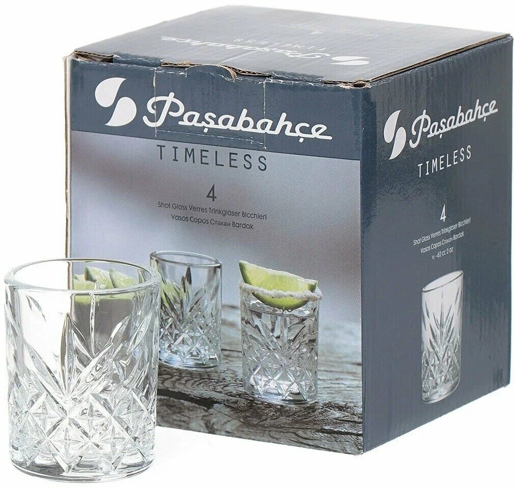 Набор стопок Pasabahce / Пашабахче Timeless стекло прозрачное 62мл, в упаковке 4 шт. / рюмки