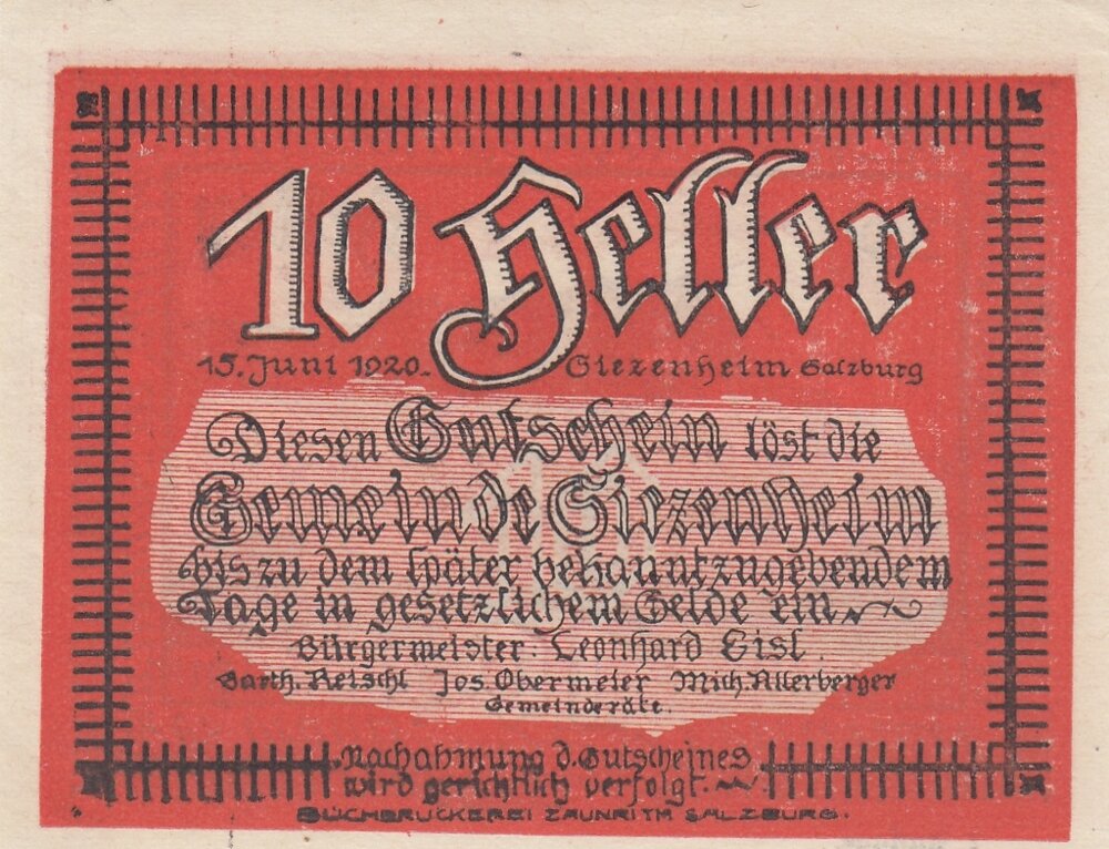 Австрия, Зиценхайм 10 геллеров 1920 г. (№2)