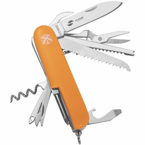Нож перочинный Stinger , 89 мм, 15 функций, материал рукояти АБС-пластик (оранжевый), в блистере