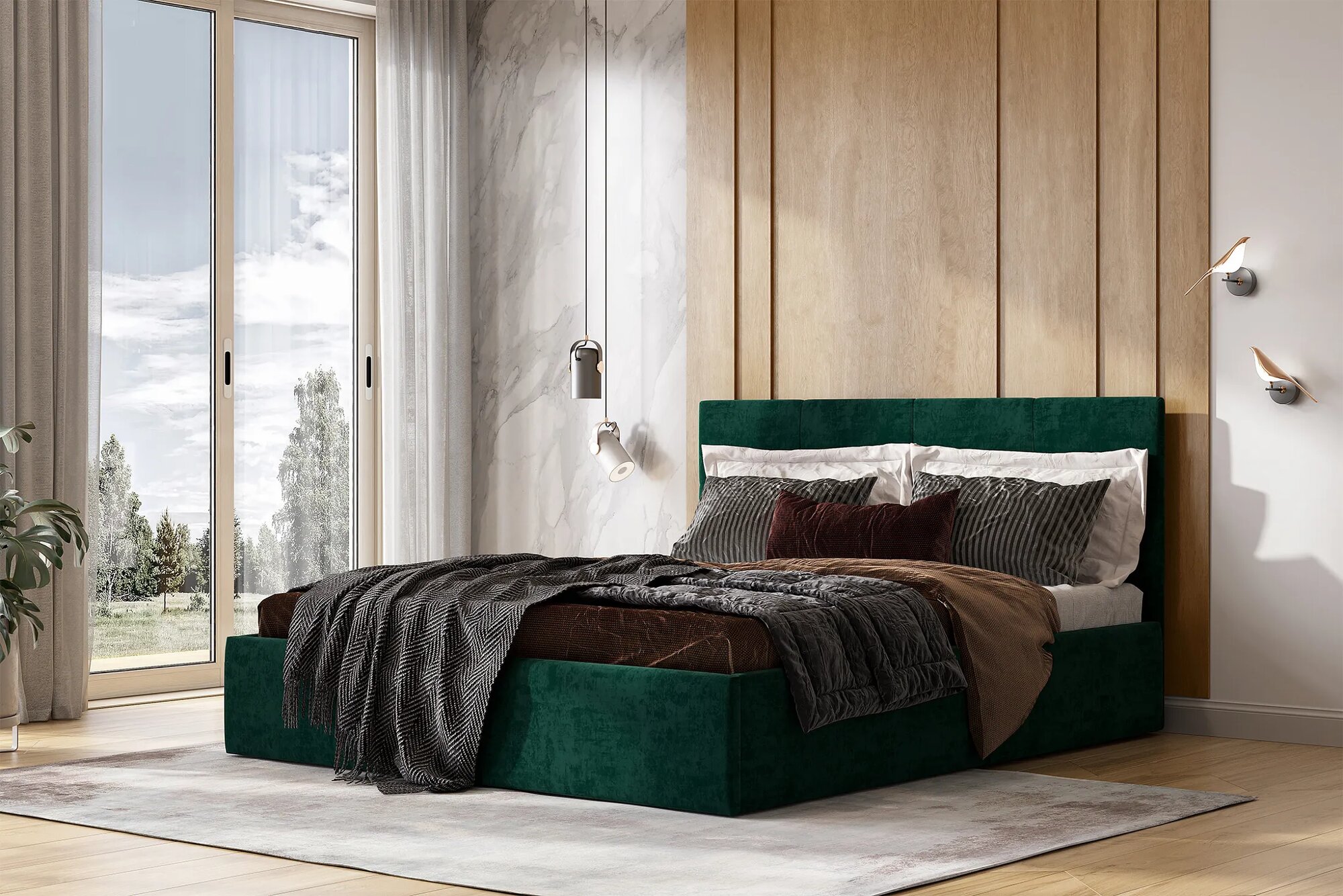 Кровать Лондон, спальное место 160х200, обивка велюр зеленый, лдсп
