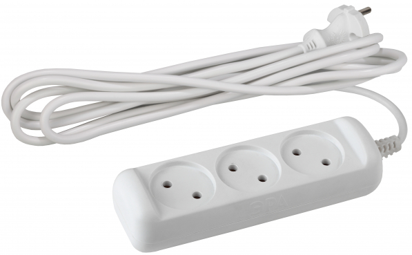 Удлинитель бытовой ЭРА U-3-5m без зазeмляющих контактов, ПВС 2х1мм² 10А, 5 метров 3 розетки, белый Б0028356