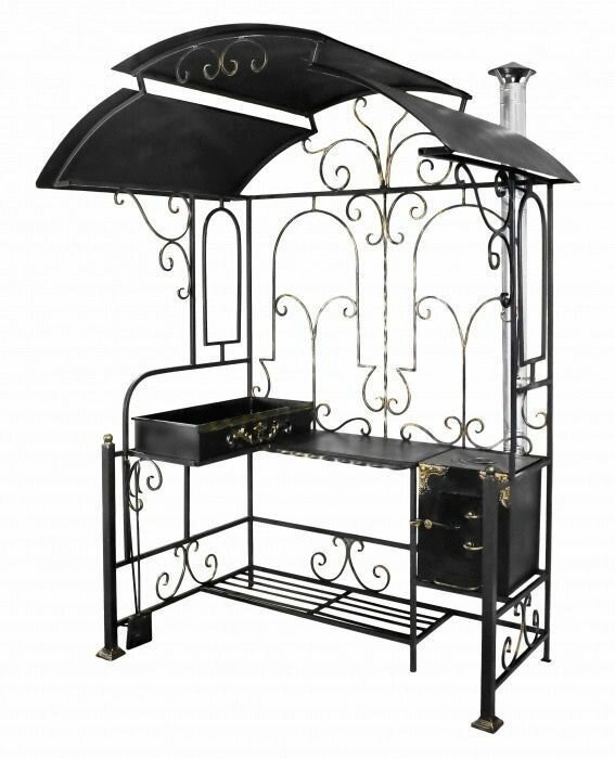 Кованый мангал "Делюкс Лайт", с длинным столиком, с крышей, 11 пазов, черный