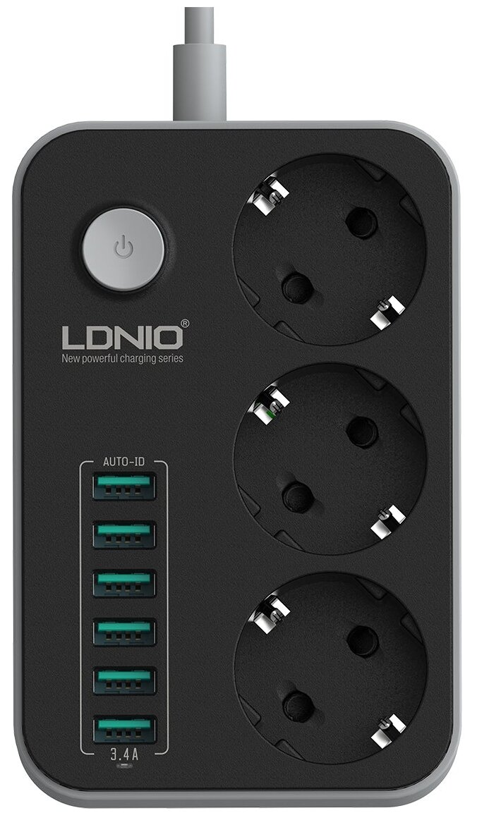 Сетевой фильтр-удлинитель LDNIO SE3631 (мощность 2500 Вт | 3 розетки | 6 USB Type-A | кабель 2 метра)
