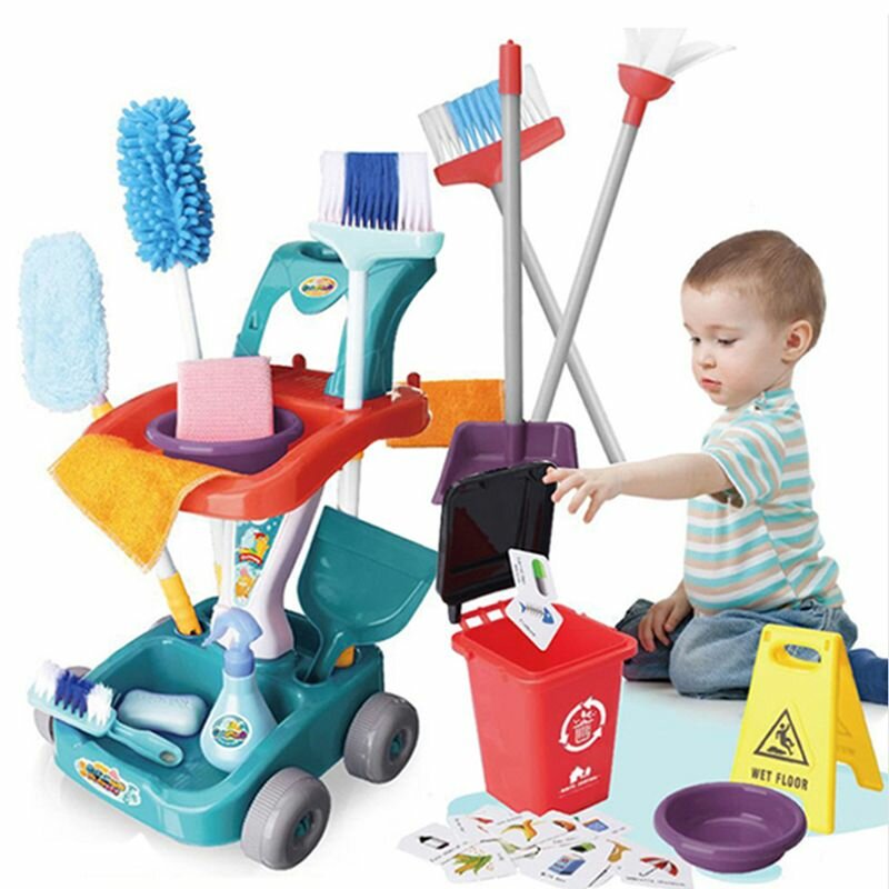 Набор сюжетно-ролевых игрушек, съемная тележка с метлой и совком для мусора для уборки дома, игрушка для ролевых игр и дошкольных игр для детей ,12 шт.