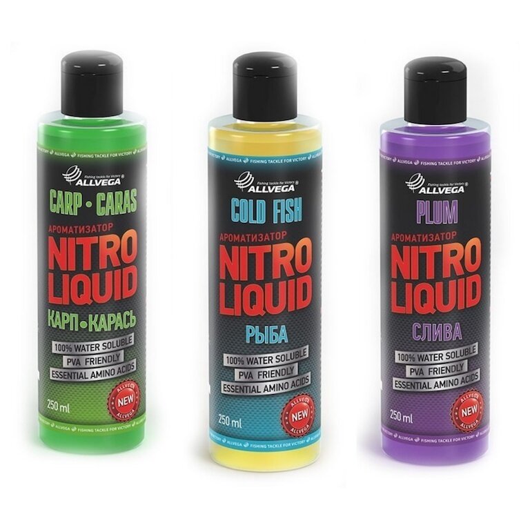 Набор ароматизаторов для рыбалки ALLVEGA Nitro Liquid Карп, Карась, Рыба, Слива. 3 флакона по 250 мл.