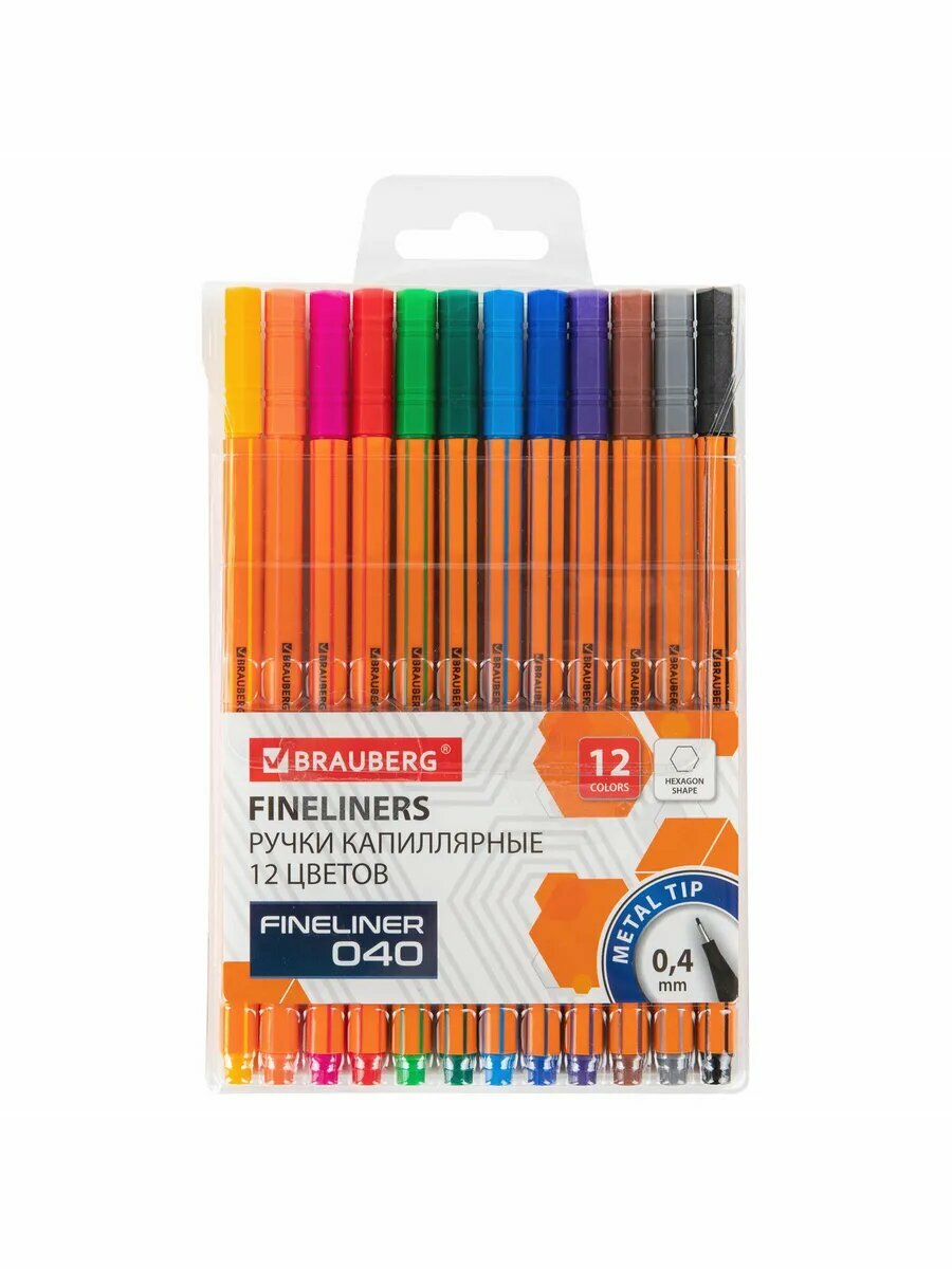 Ручки капиллярные линеры 12 цветов, шестигранные, 0,4 мм