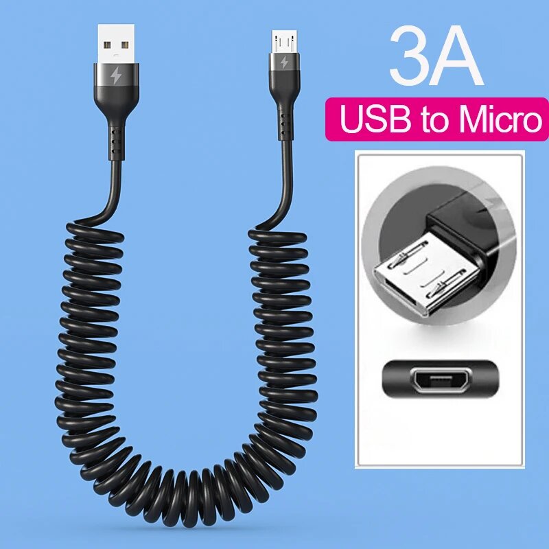 Пружинный Micro USB кабель 3A, 1 м, черный