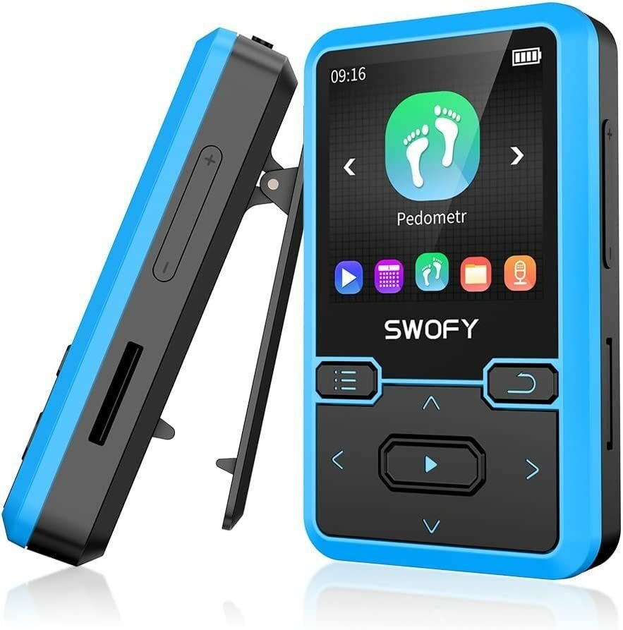 Мини портативный носимый MP3 плеер SWOFY-M10/32 ГБ Bluetooth 5.0/FM/шагомер/макс 128 Гб (Голубой)