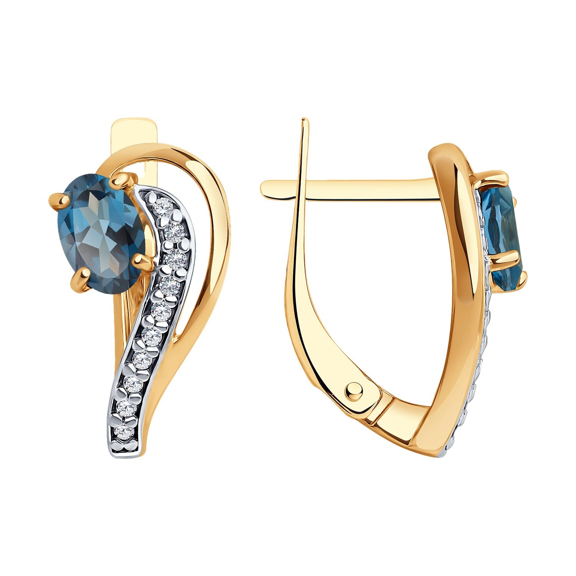 Серьги, серебро, 925 проба, золочение, фианит, Лондон топаз