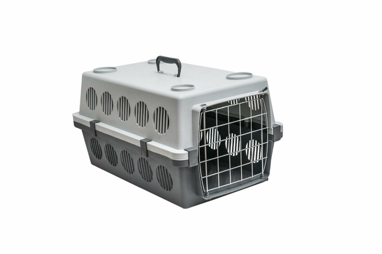 Переноска для животных пластиковая с металлической дверцей, серый