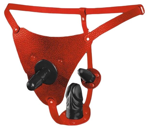 Трусики и насадки Sitabella Красные кожаные трусики со штырьком и двумя съёмными стимуляторами