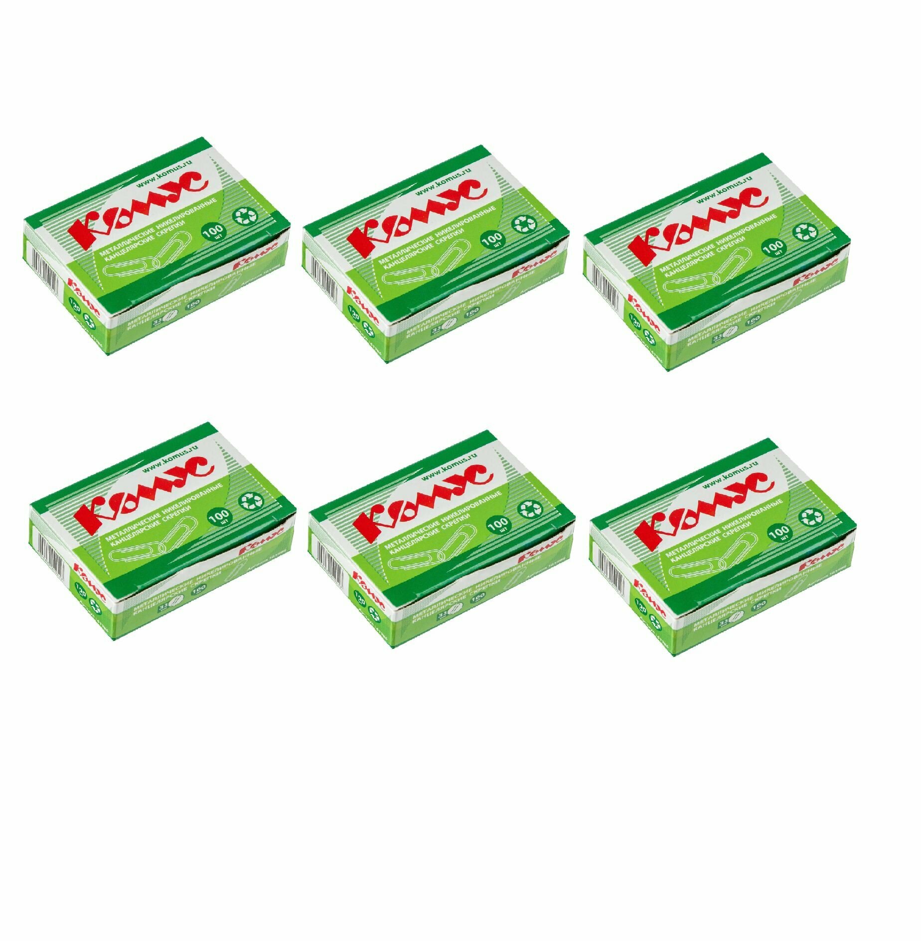 Комус Скрепки никелированные, 33 мм, негофрированные, 100 шт, 6 уп