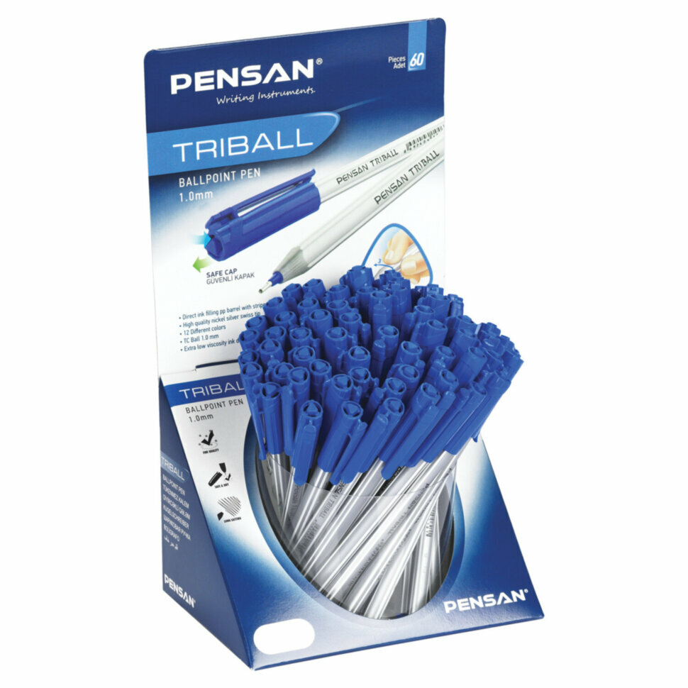 Ручка шариковая масляная PENSAN "Triball", синяя, дисплей, трехгранная, узел 1 мм, линия письма 0,5 мм, 1003/S60, 60 штук, 143431
