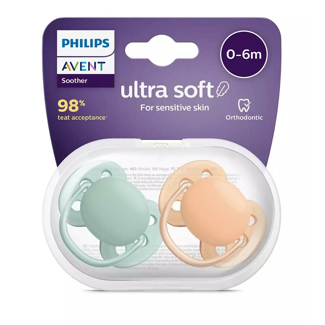 Пустышки Philips Avent "Ultra Soft", зеленая, оранжевая, с футляром, 0-6 месяцев, 2 шт