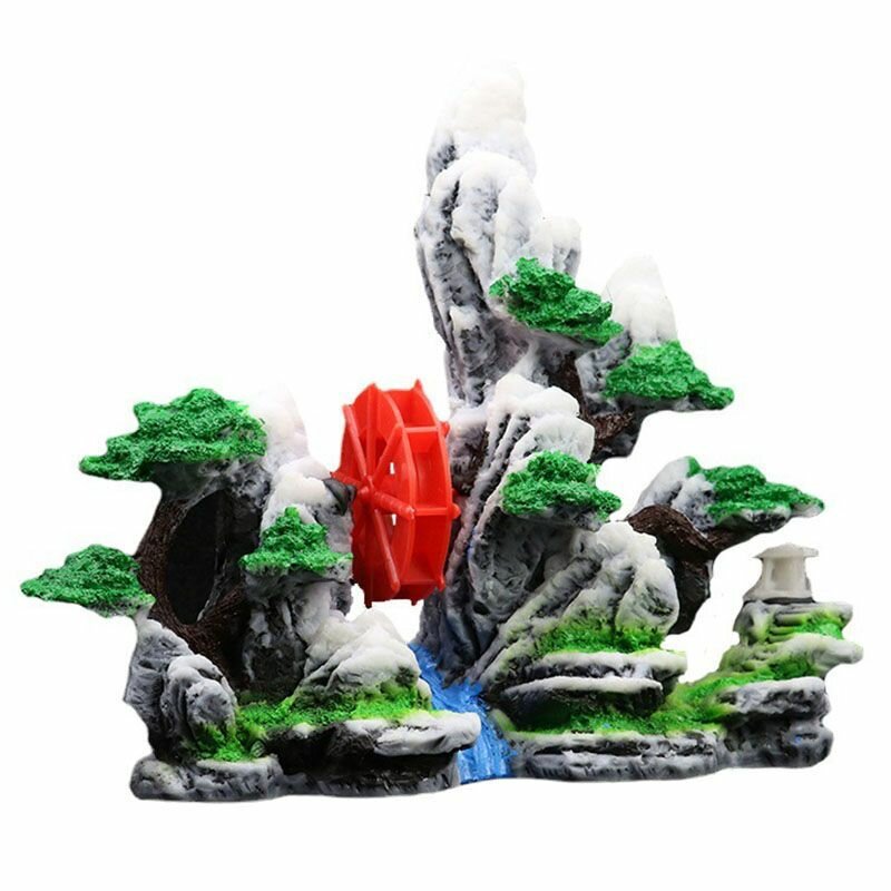 Украшение для аквариума, камень с видом на горы, Ветряная мельница и водяное колесо, 17 x 8 x 21 см