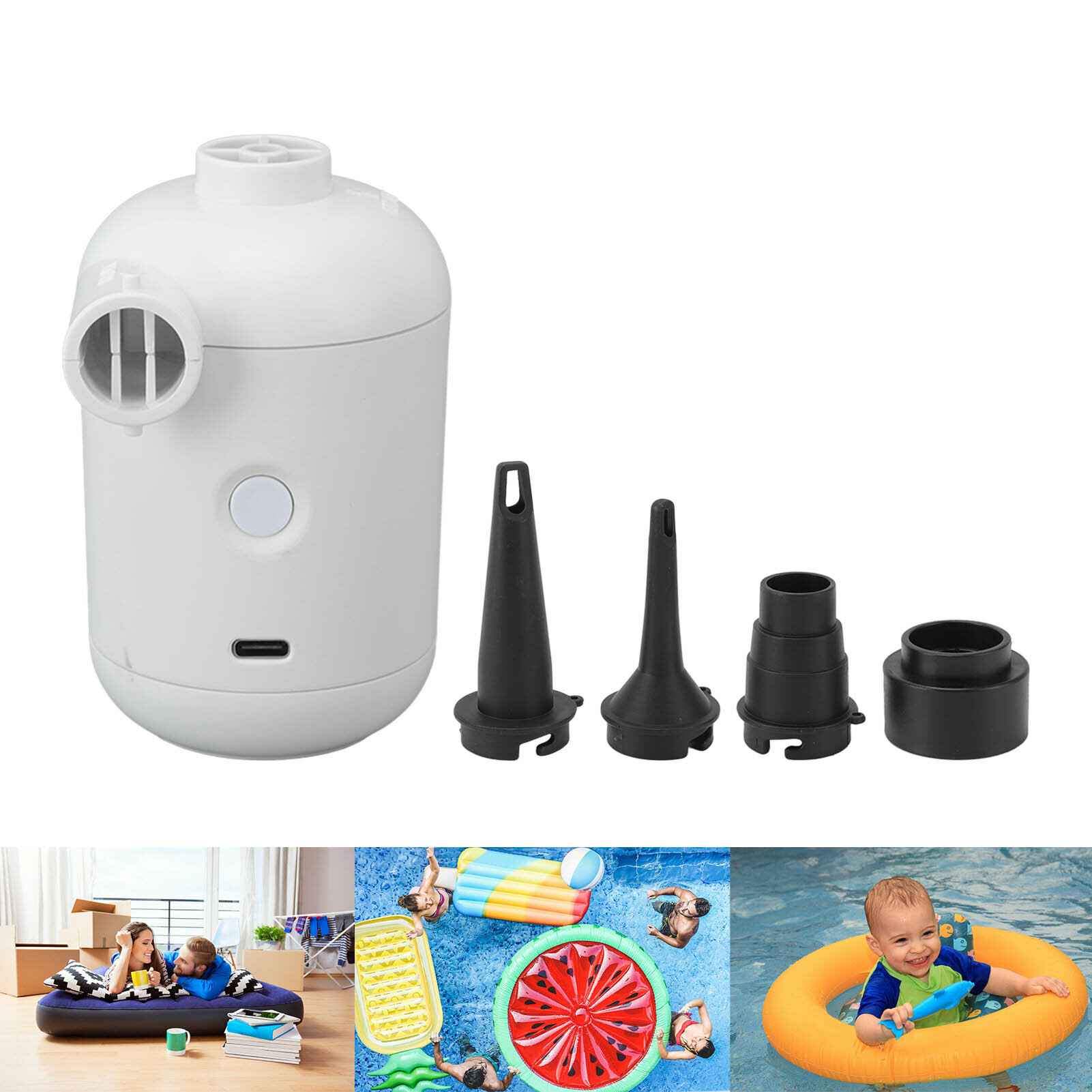 Крошечный насос для быстрой накачки, портативный мини-электрический воздушный насос с 4 насадками для сумок для хранения, резиновые лодки, кольца для плавания