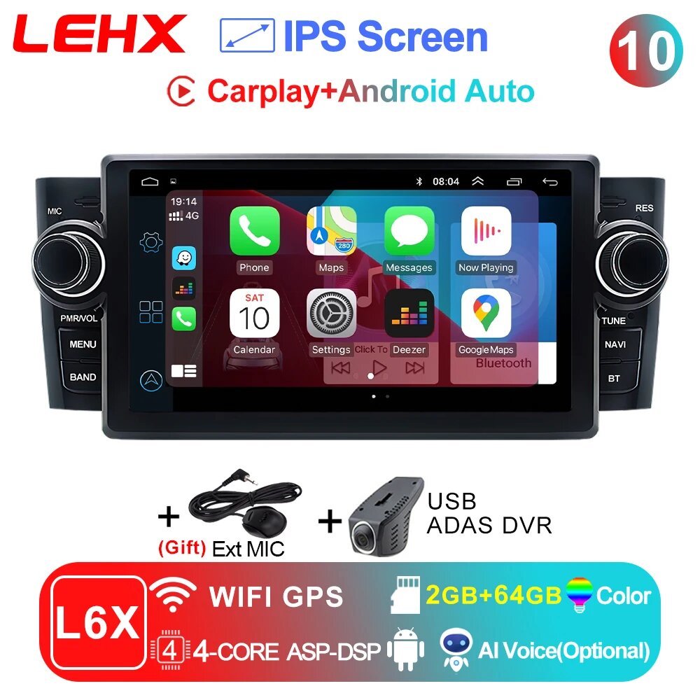 Автомагнитола LEHX L6 Pro 1DIN Android 14, мультимедийная Автомобильная магнитола для Fiat Punto Grande Linea 2007-2012, GPS-навигация, головное устройство для Carplay, dvd