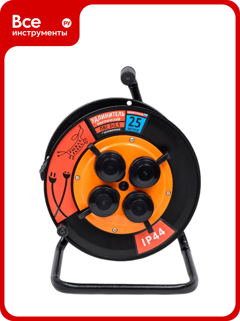 Удлинитель Рыжая такса УКП-44 (катушка пластик) ПВС, 3х2,5 (16А), 4гнезда, 25м, IP44, с заземлением, УКП4404-3049