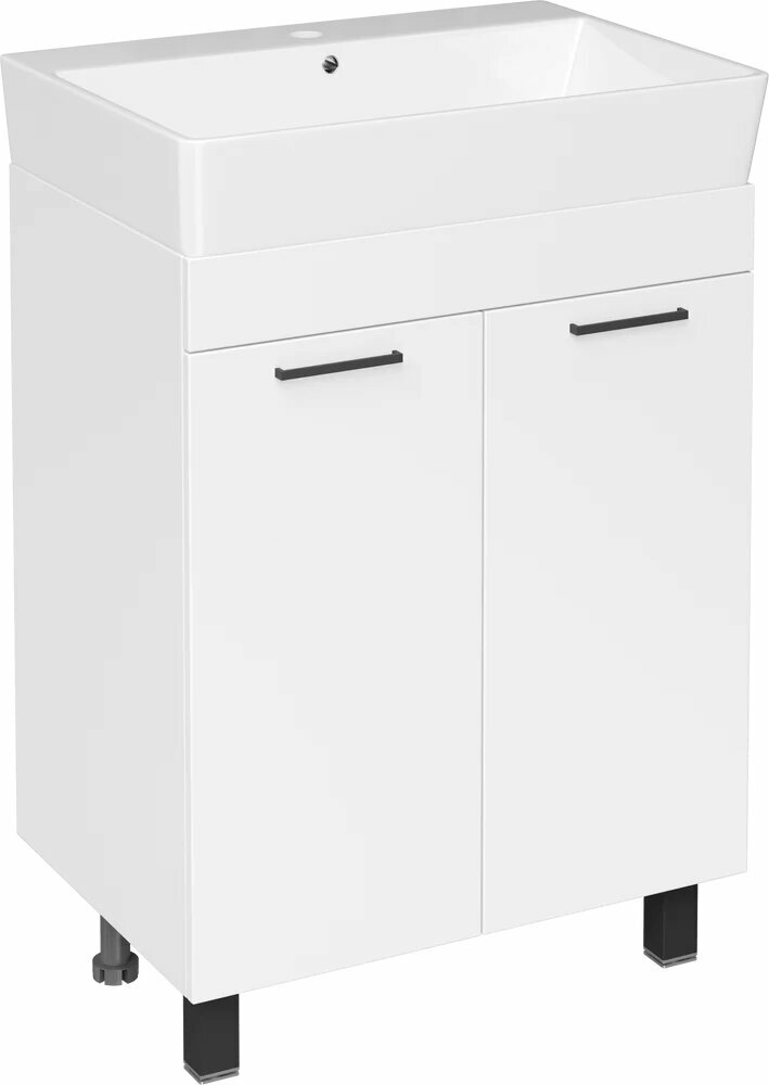 Тумба с раковиной DIWO Брянск 60 напольная, 60 см, белая, глянцевая, из МДФ, с дверками, раковина для ванной фаянсовая, прямоугольная, встроенный слив-перелив, с сифоном