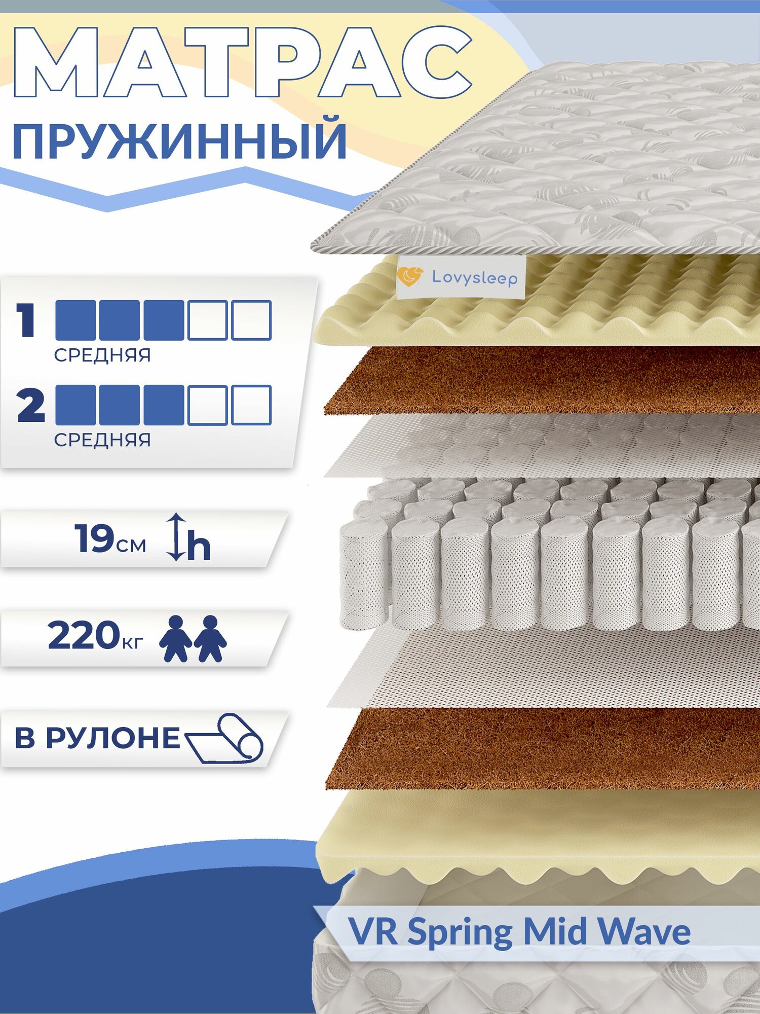 Матрас VR Spring Mid Wave 120х180 см, независимые пружины, 19 см, полутороспальный, двусторонний, средняя жесткость, в рулоне