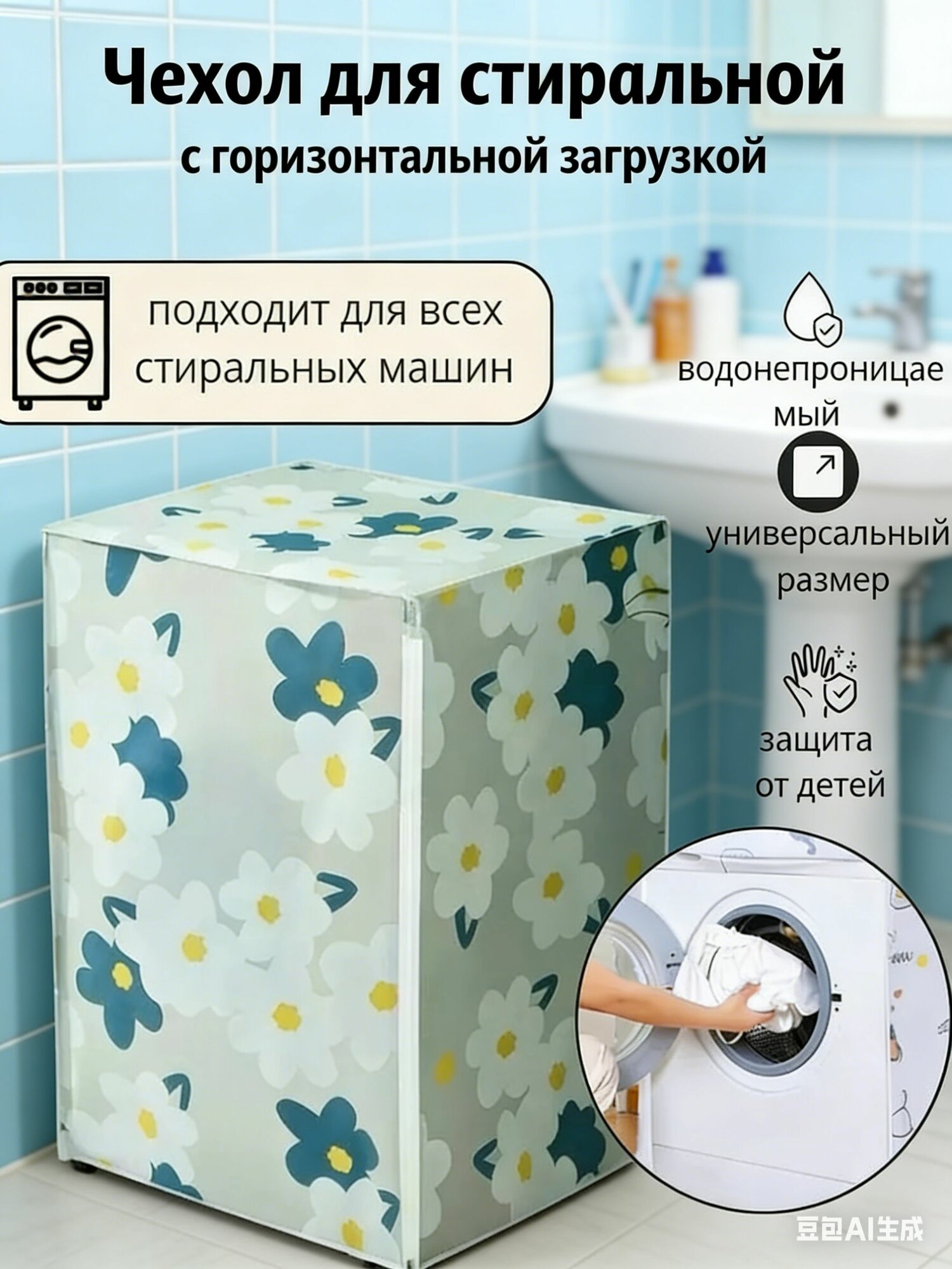 Чехол для стиральной машины с горизонтальной загрузкой ,1штук, принт цветы , защитный чехол для стиральной машины