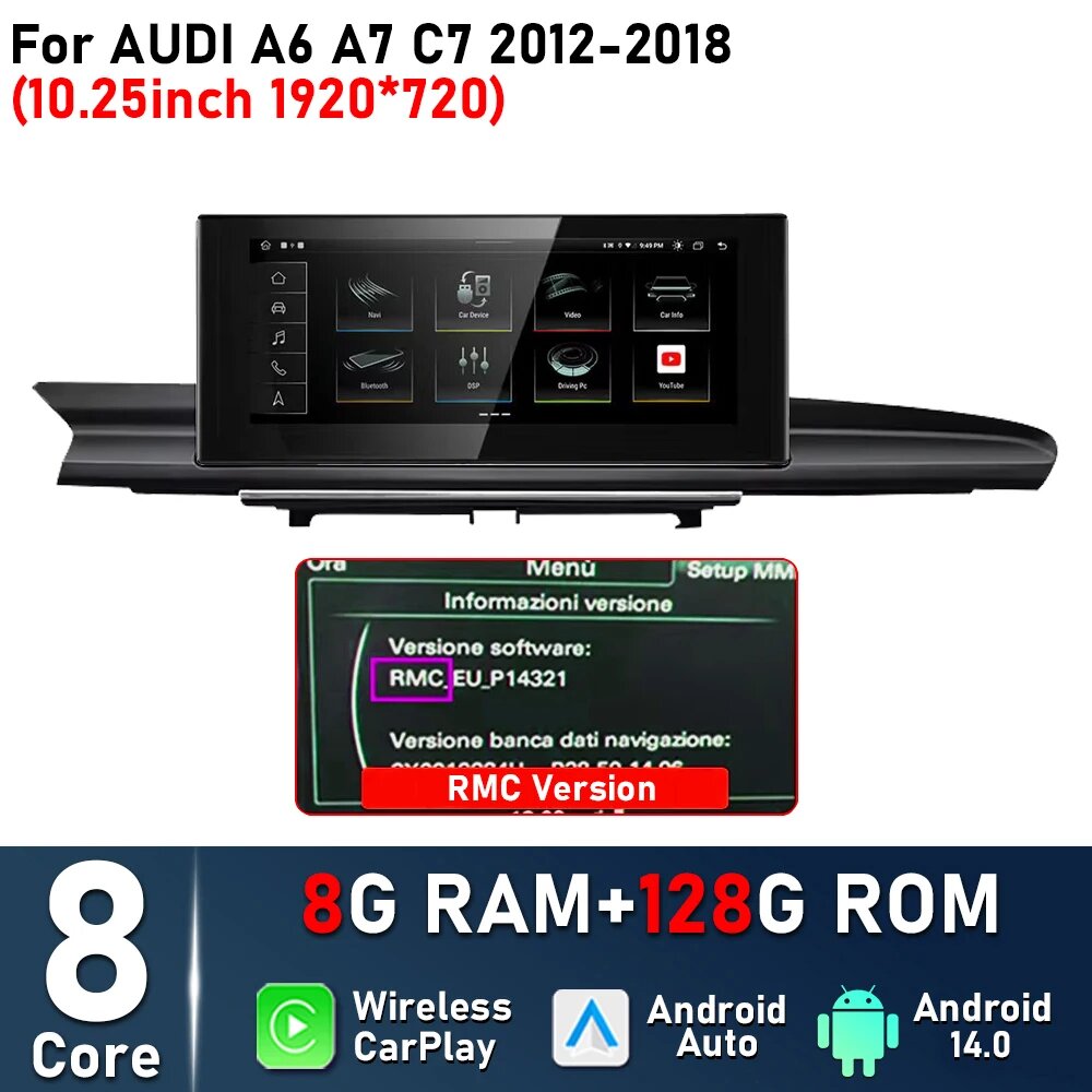 10,25 "Android 14 Беспроводной Carplay для Audi A6 A7 C7 2012-2018 Автомобильные мультимедийные плееры Головное устройство Сенсорный экран GPS-навигация RMC 8G 128G