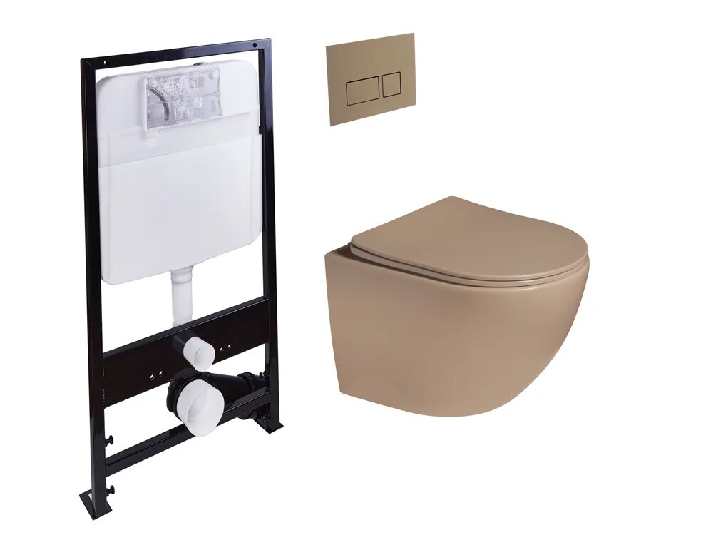 Комплект Унитаз подвесной SantiLine SL-5005T-KH безободковый, с микролифтом, система смыва Tornado, светло-коричневый матовый / Инсталляция SantiLine SL-01 с кнопкой смыва светло-коричневой матовой