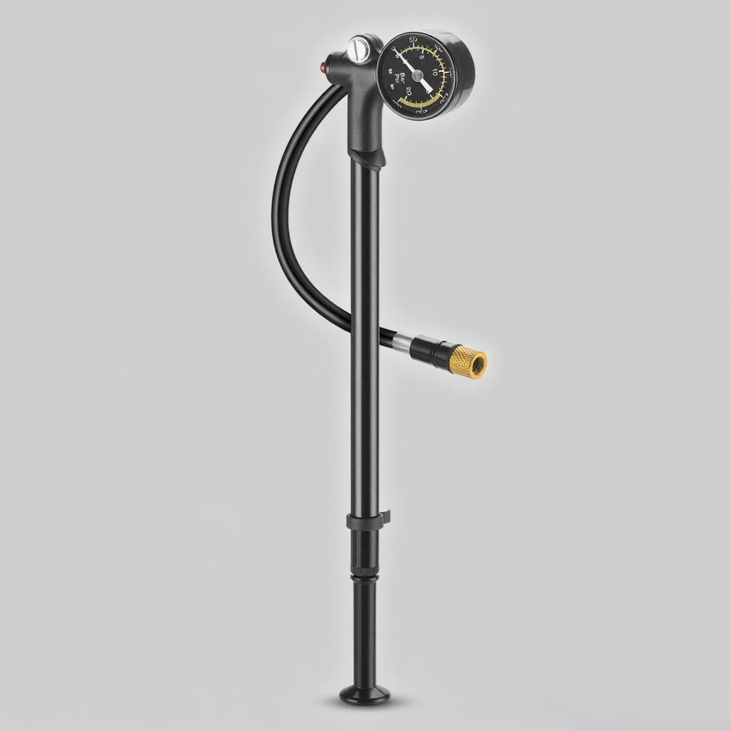 Насос для велосипеда портативный высокого давления для передней вилки и задней подвески, насос для велосипедных шин из алюминиевого сплава с манометром, аксессуар для велосипедов, черный, длина 325-515мм, давление 300PSI, размер 325*75мм, вес 143г,