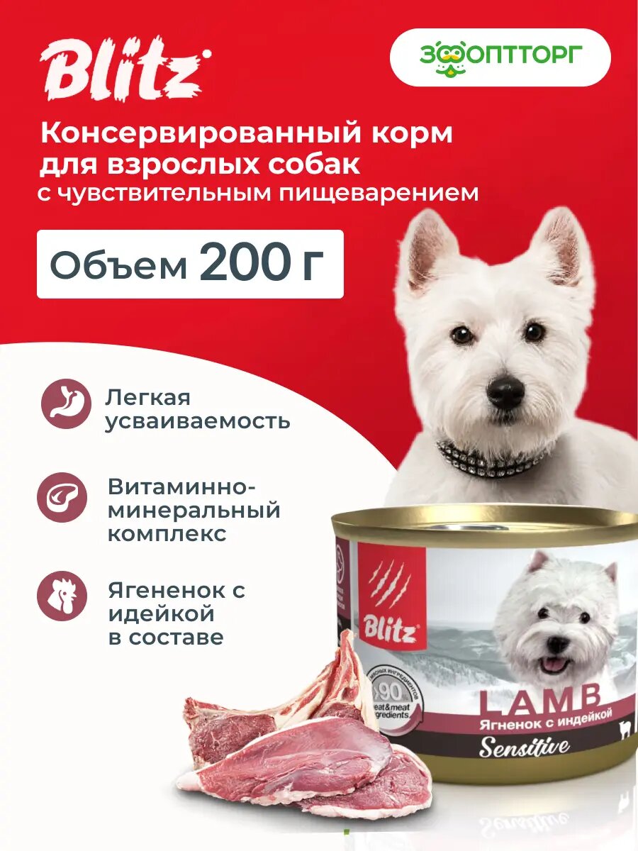 Влажный корм Blitz Sensitive консервы для собак всех пород Ягненок и индейка, 200 г.