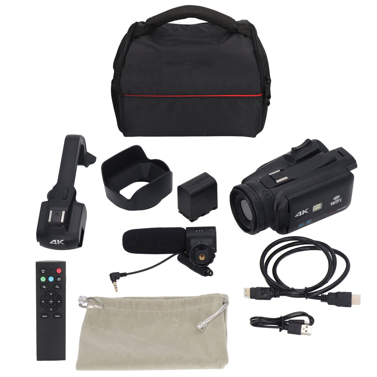 Видеокамера 4K с 18-кратным цифровым зумом, 4-дюймовым сенсорным экраном, Wi-Fi, микрофоном, ручным стабилизатором, пультом дистанционного управления и блендой для объектива.