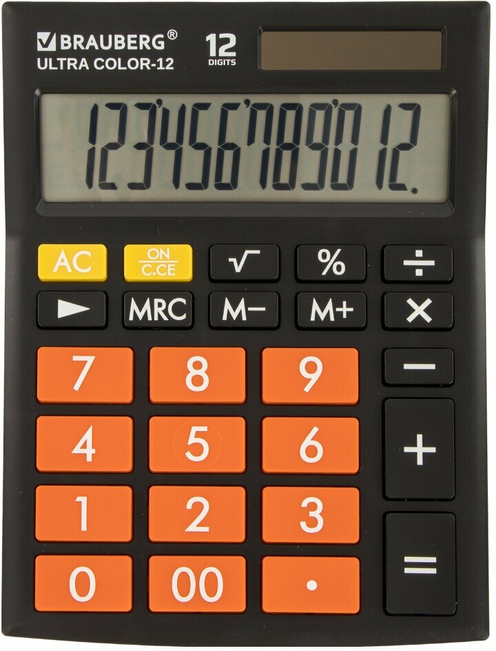 Калькулятор настольный BRAUBERG ULTRA COLOR-12-BKRG (192x143 мм), 12 разрядов, двойное питание, черно-оранжевый, 250499, 250499