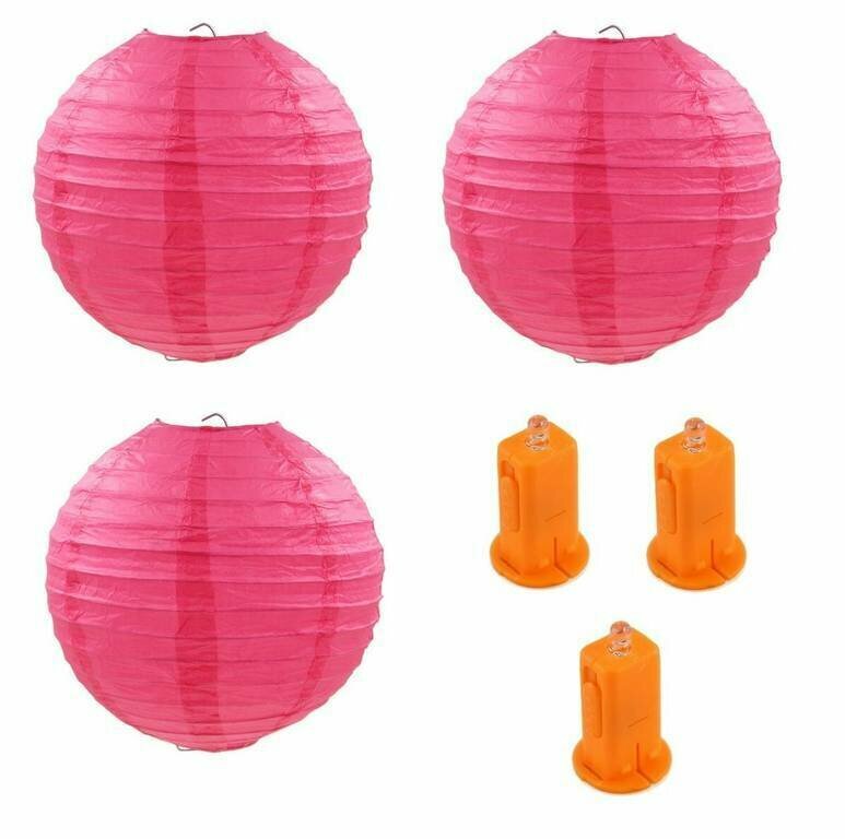 Набор подвесных бумажных фонариков ПатиПраздник цвет розовый, диаметр 30 см, 3 шт и 3 светодиода