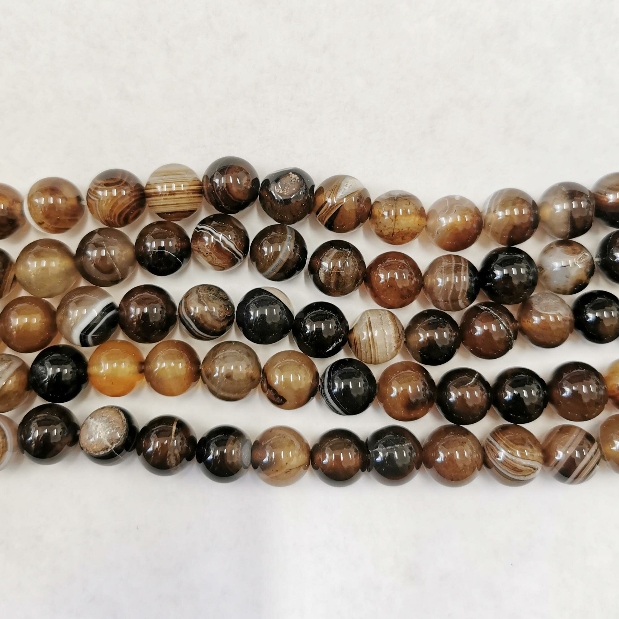 Бусины каменные, агат, полосатый, 12мм, кофейного цвета, 32 шт, низка