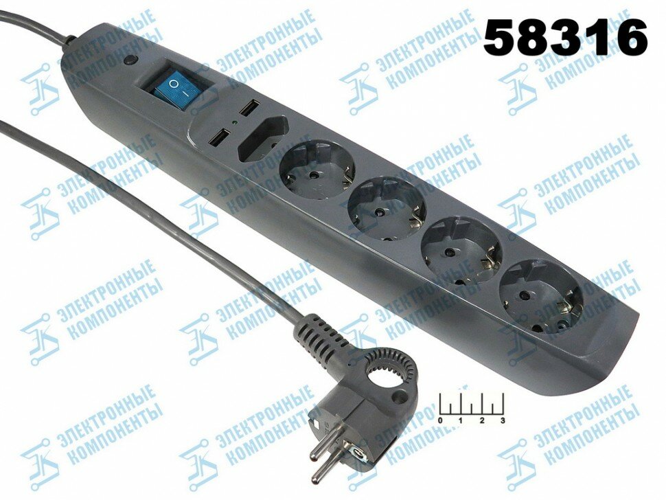 Сетевой фильтр 4+1/2м + 2USB Эра (max-16A) (серый)