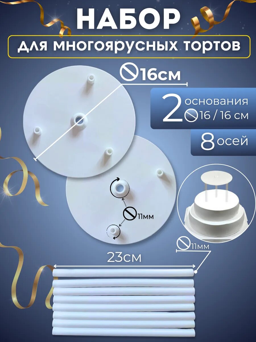Ярусная подставка Sverus, для торта, пластик, 2*16см, 8 трубочек