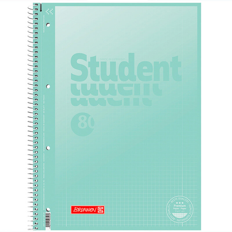 Тетрадь в клетку на пружине А4 Колледж Premium Pastel, микроперфорация, 90 гр/м2, 80 листов, Зеленый, Brunnen (пр-во Германия)