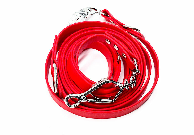 Поводок-перестежка из биотана гриппи красная шир. 16 мм карабины ножницы хромированная сталь 3,5 м