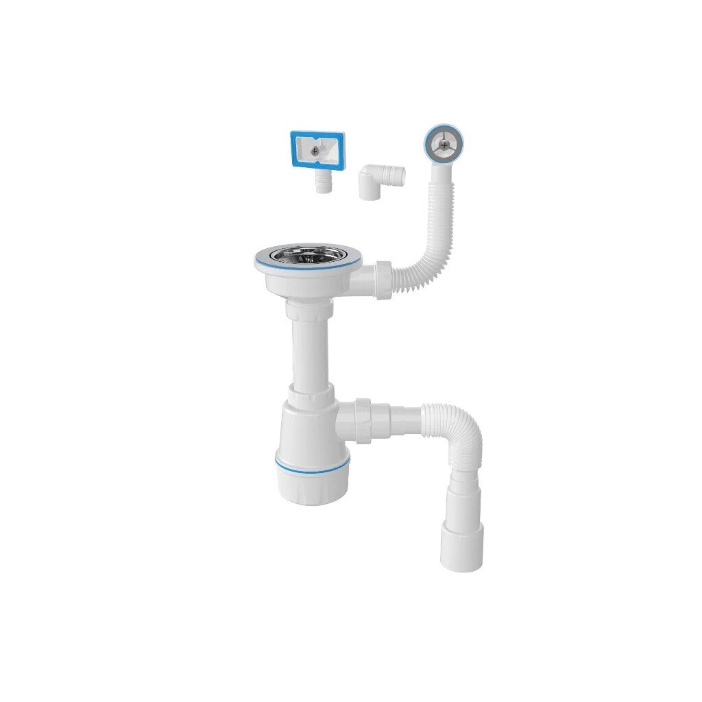 Сифон для мойки Aquanova 1049, 3 1/2 дюйма, с выпуском и переливом, белый