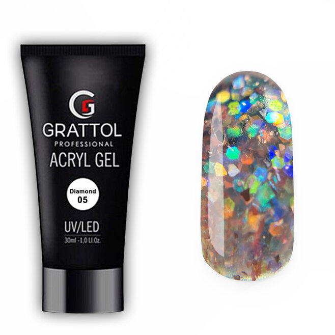 Grattol Acryl Gel Diamond 05 - Полигель для наращивания и моделирования ногтей, Розовый с Глиттером, 30 мл