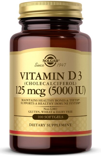 Solgar Vitamin D-3 (Cholecalciferol), Витамин Д-3 (Холекальциферол) 125 мкг (5000 МЕ) 100 гел. капсул