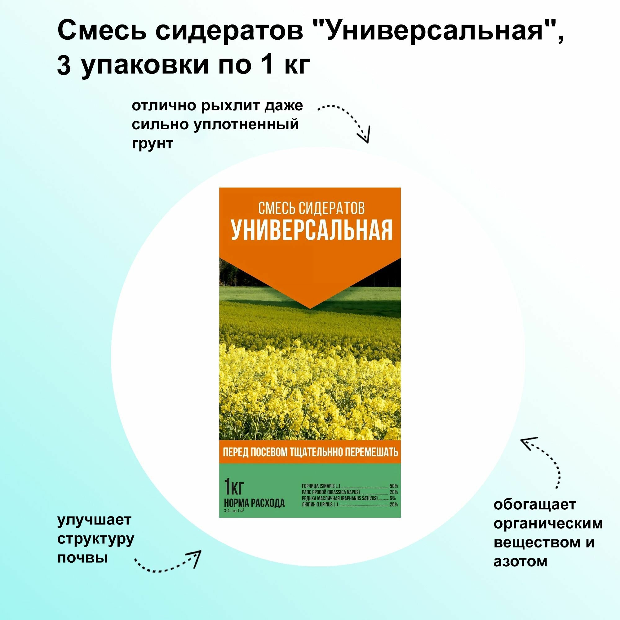Смесь сидератов "Универсальная", 3 упаковки по 1 кг: отлично рыхлит даже сильно уплотненный грунт, улучшает структуру почвы и обогащает органическим веществом и азотом