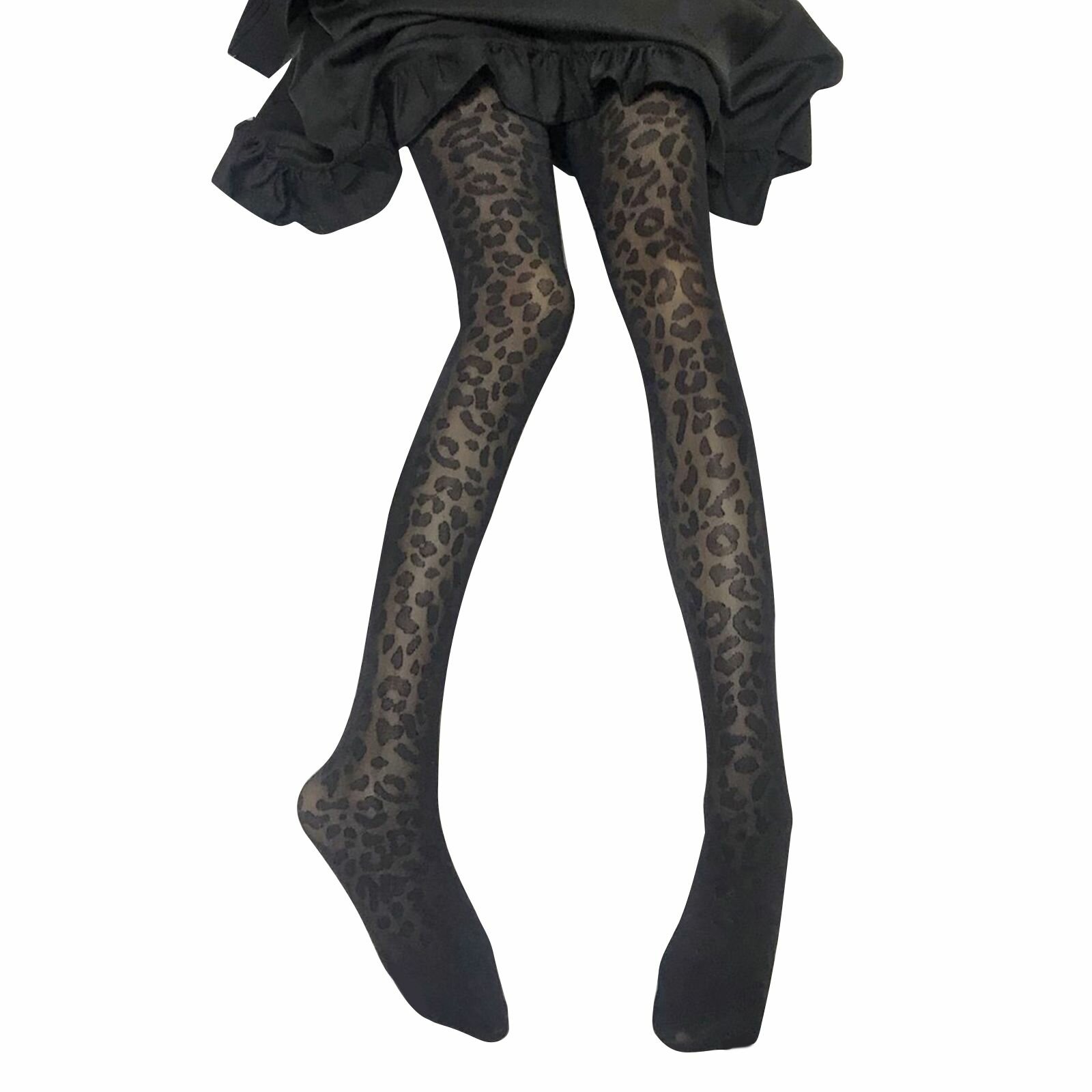 Черные чулки с леопардовым принтом в тонком разрезе через мясорубку-черный