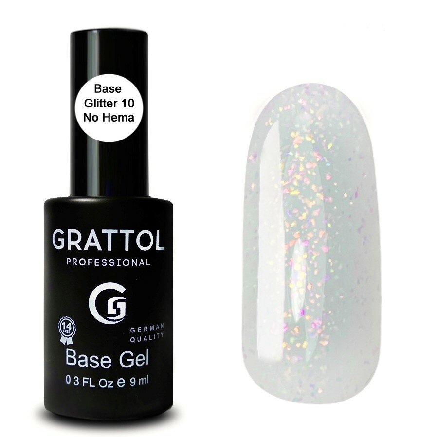 Grattol Rubber Base Glitter NO HEMA 10 - База камуфлирующая c глиттером, 9 ml