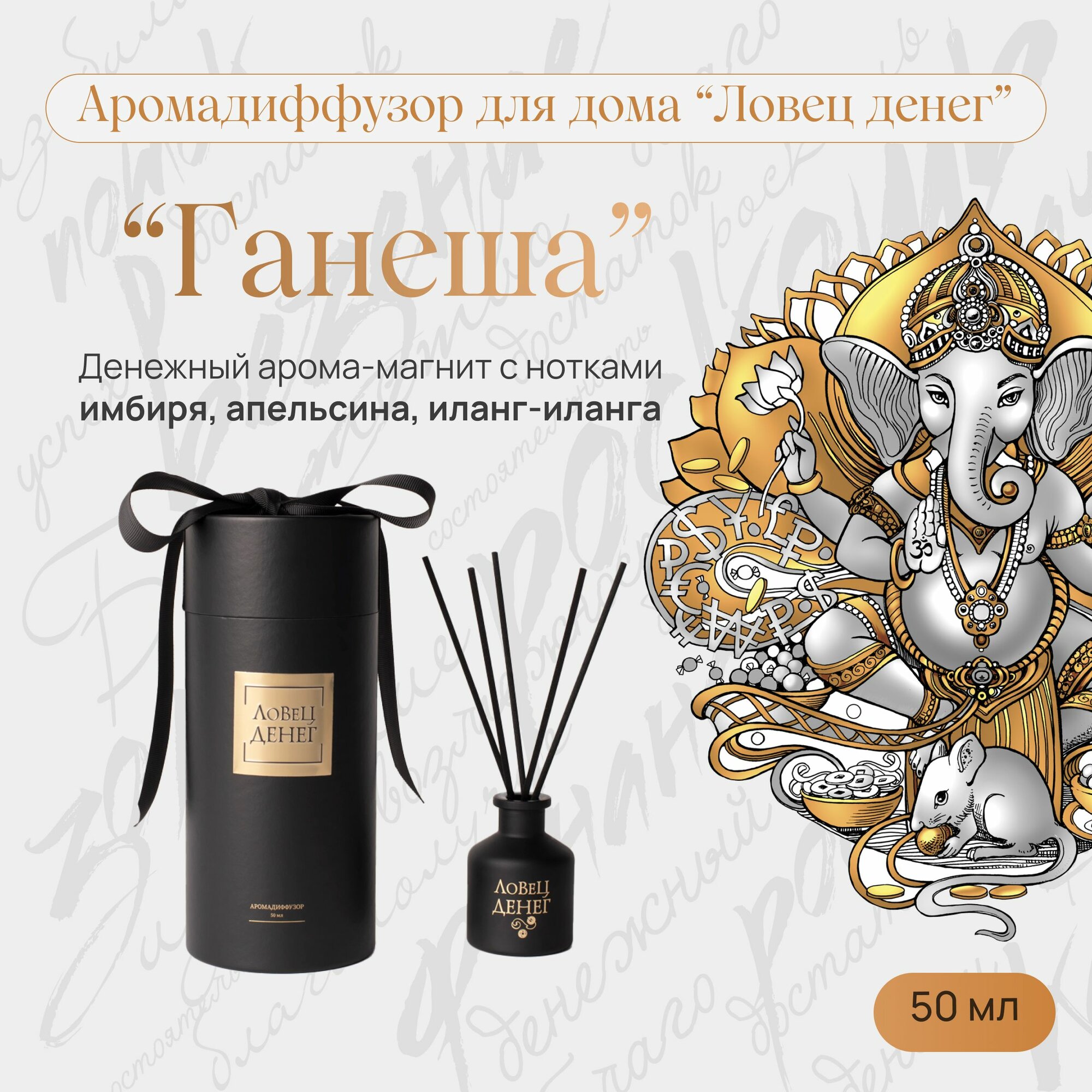 Аромадиффузор Ловец денег "Ганеша", 50мл, для интерьера, аромат апельсина, иланг-иланга, имбиря, корицы, сандала