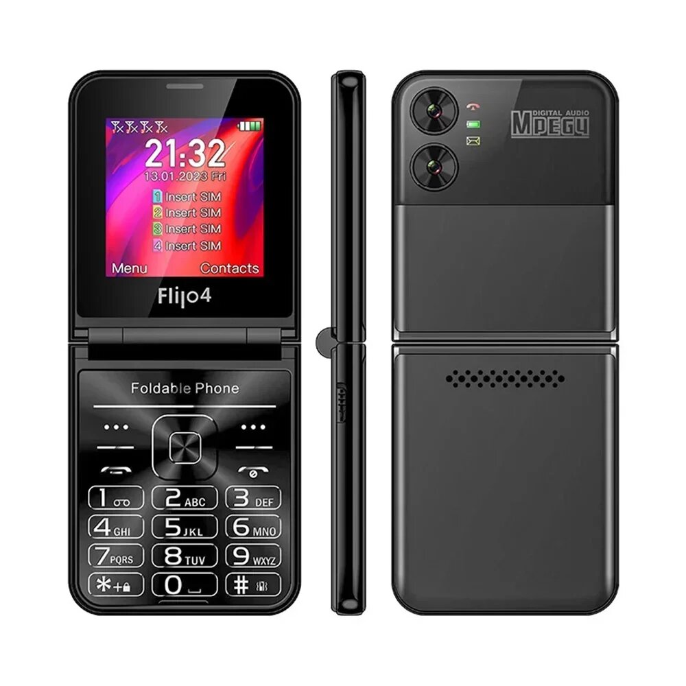 Складной телефон-раскладушка UNIWA F265, 2,55 дюйма, 4 SIM-карты, 1400 Add 32GB TF, Черный, Black