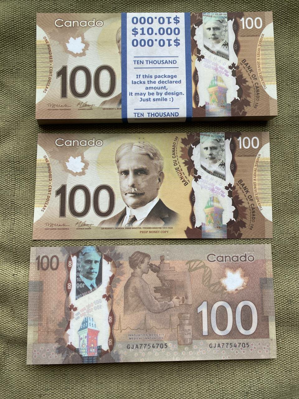 Пачка сувенирных денег 100 канадских долларов (Канада), 80 купюр (билеты банка приколов, бутафорские пачки)