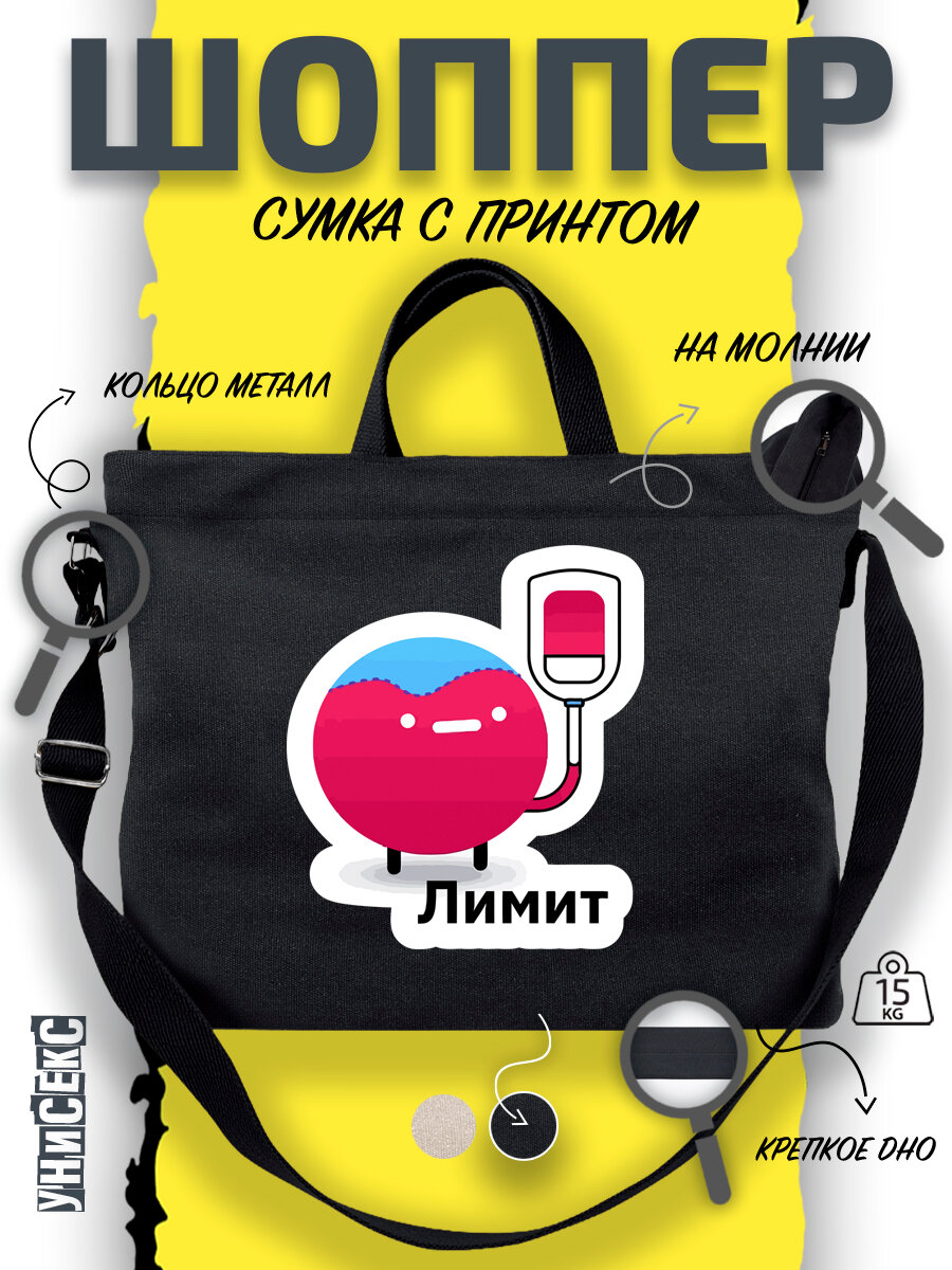 Сумка  шоппер y2k через плечо смайл с надписью Лимит