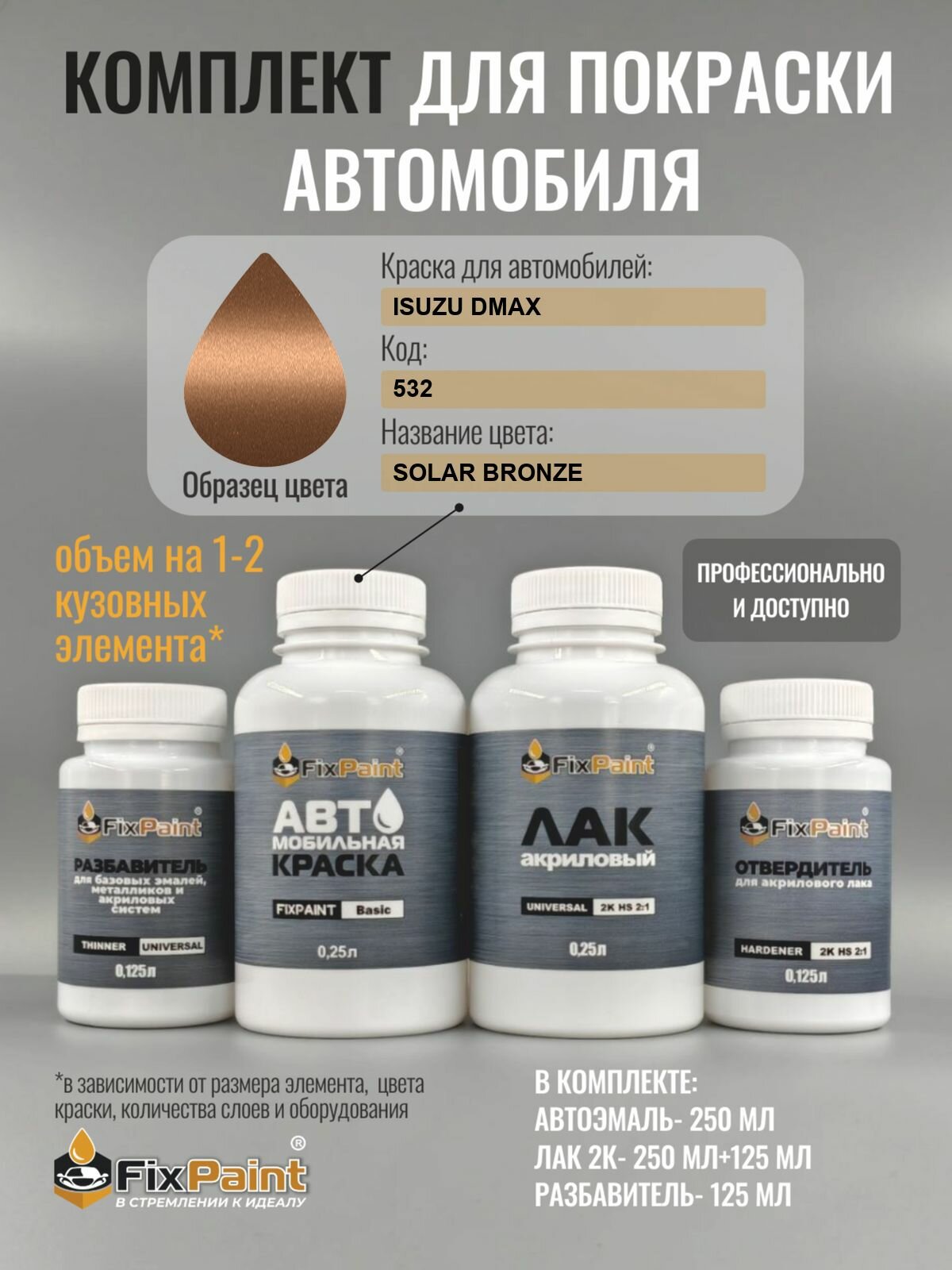 Комплект для покраски ISUZU DMAX, код 532, SOLEIL ORANGE, базовая автомобильная краска 250 мл, лак 2K 250 мл с отвердителем, разбавитель 125 мл, FixPaint Pro