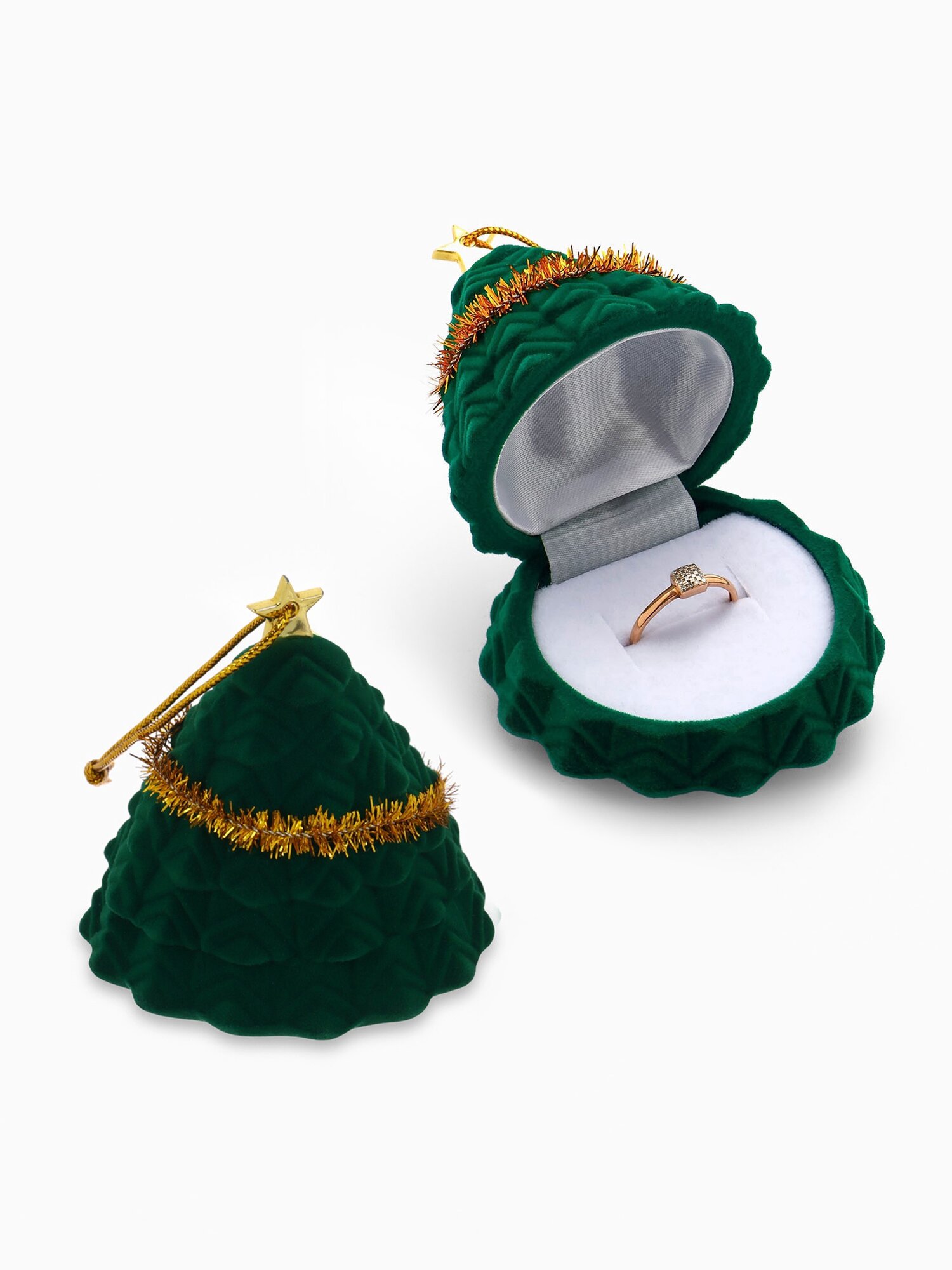 Футляр под серьги, кольцо «Новогодняя ёлочка», бархатный, 5.9×6.2×6.2 см, зелёный, золотой